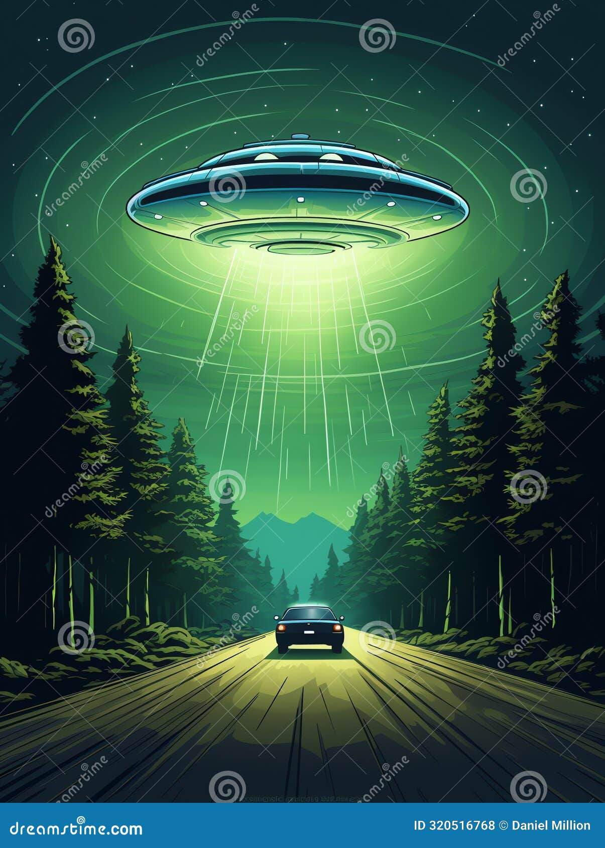 UFO Abducting A Car With A Beam Of Light Sci Fi Illustration For Poster ...