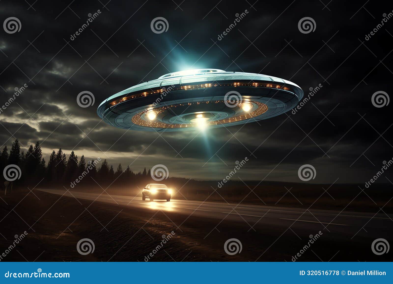 UFO Abducting a Car with a Beam of Light Sci Fi Illustration for Poster ...