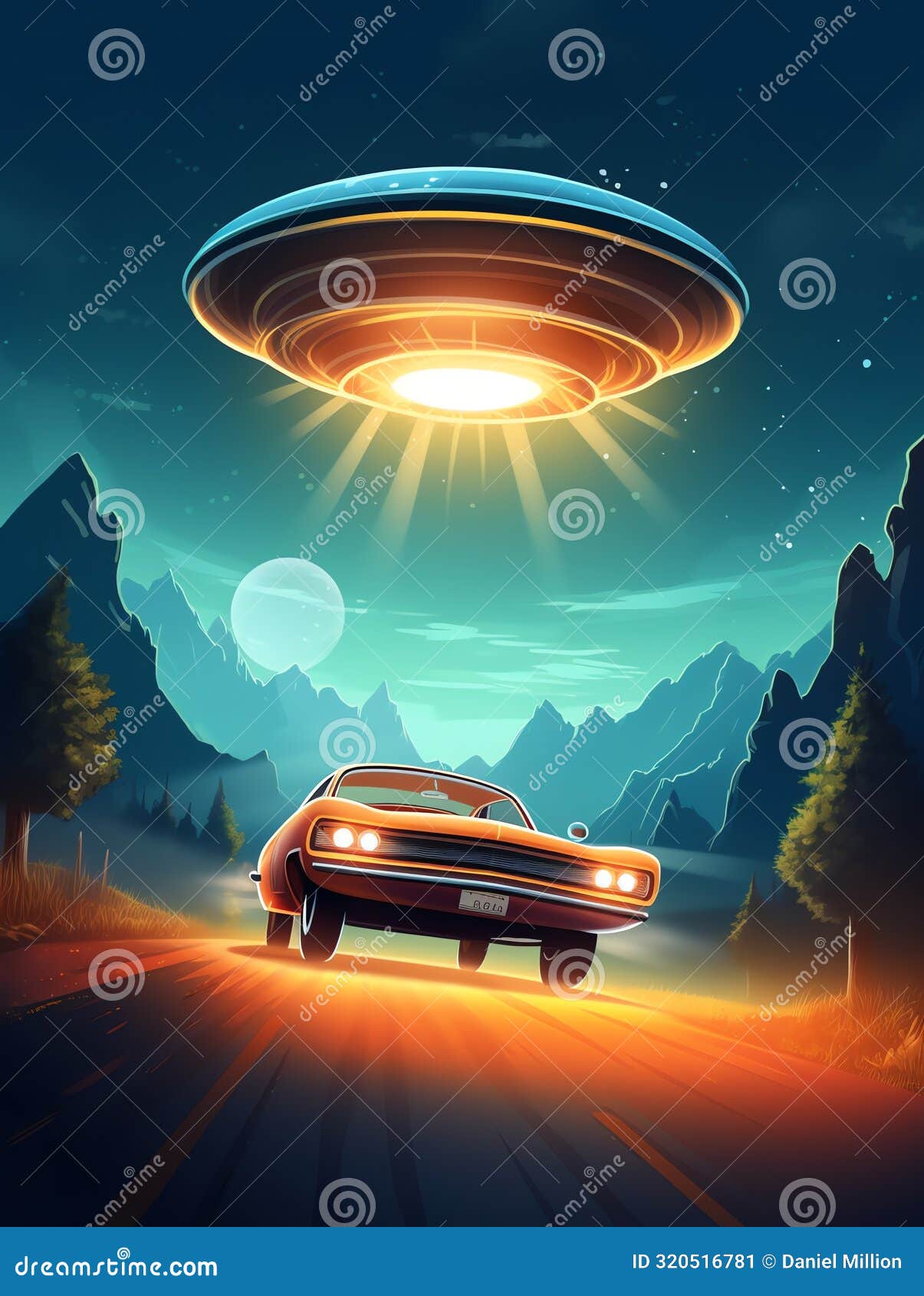 UFO Abducting A Car With A Beam Of Light Sci Fi Illustration For Poster ...