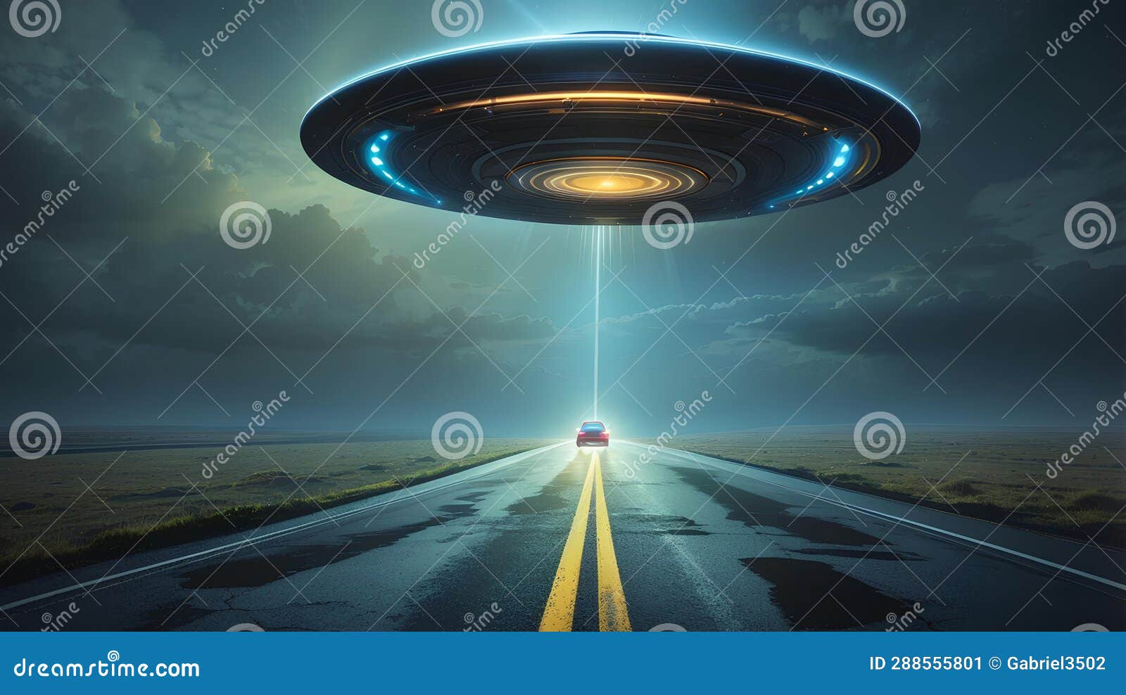 UFO Abducting a Car on the Road Stock Illustration - Illustration of ...