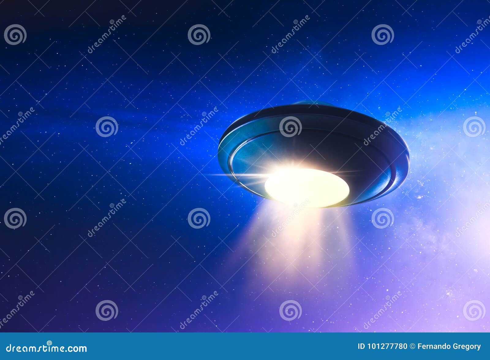 UFO With Abduction Beam Flying In The Sky Stock Photography ...