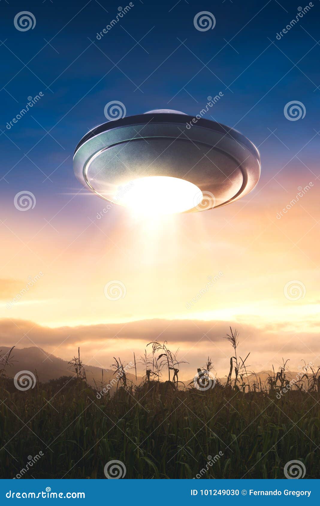 UFO With Abduction Beam Flying In The Sky Stock Photography ...