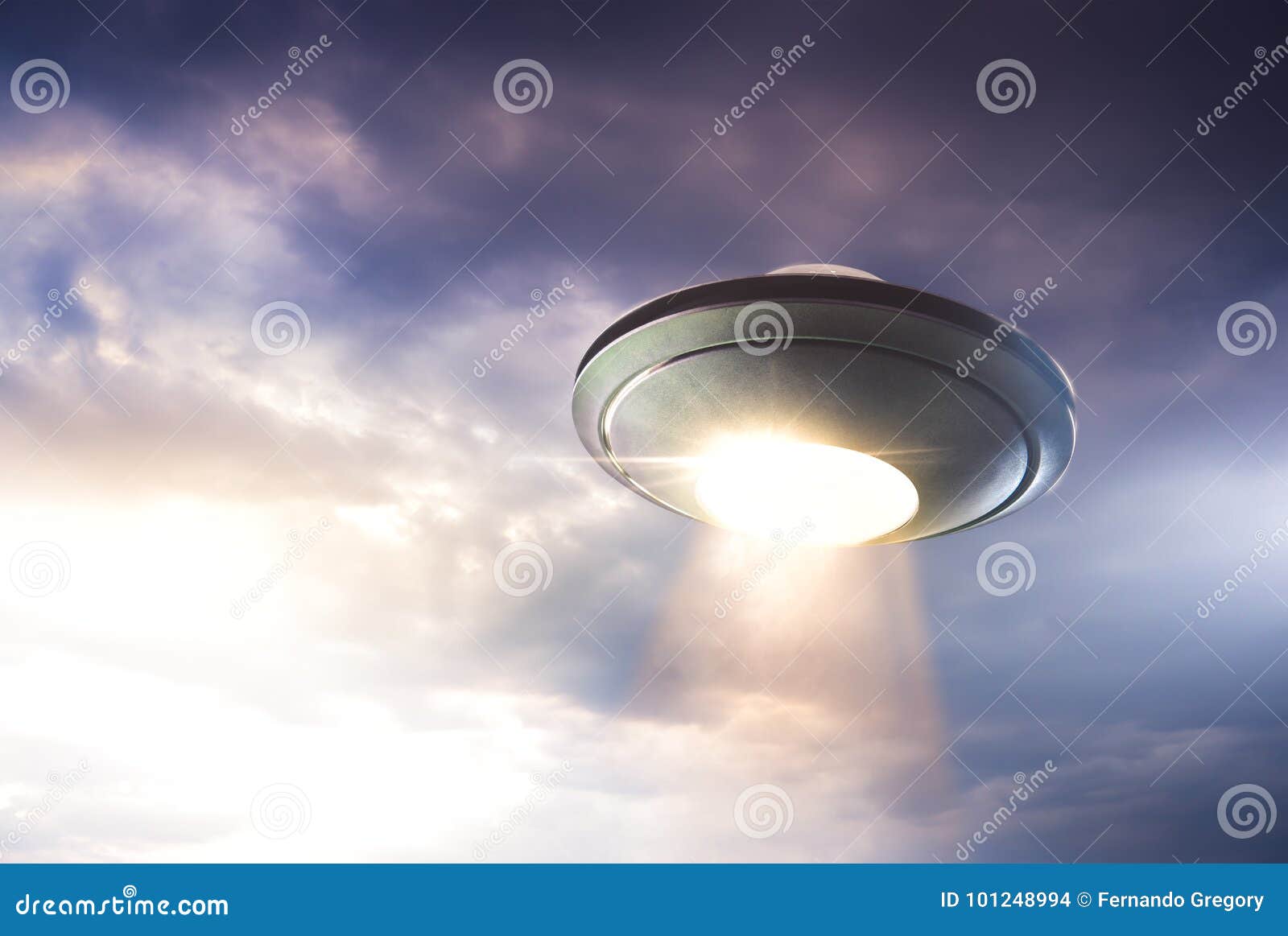 UFO with Abduction Beam Flying in the Sky Stock Photo - Image of ...