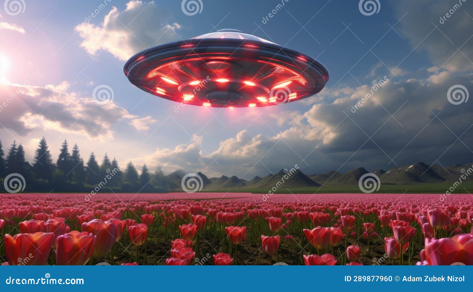 A Ufo Above a Field of Flowers Stock Illustration - Illustration of ...