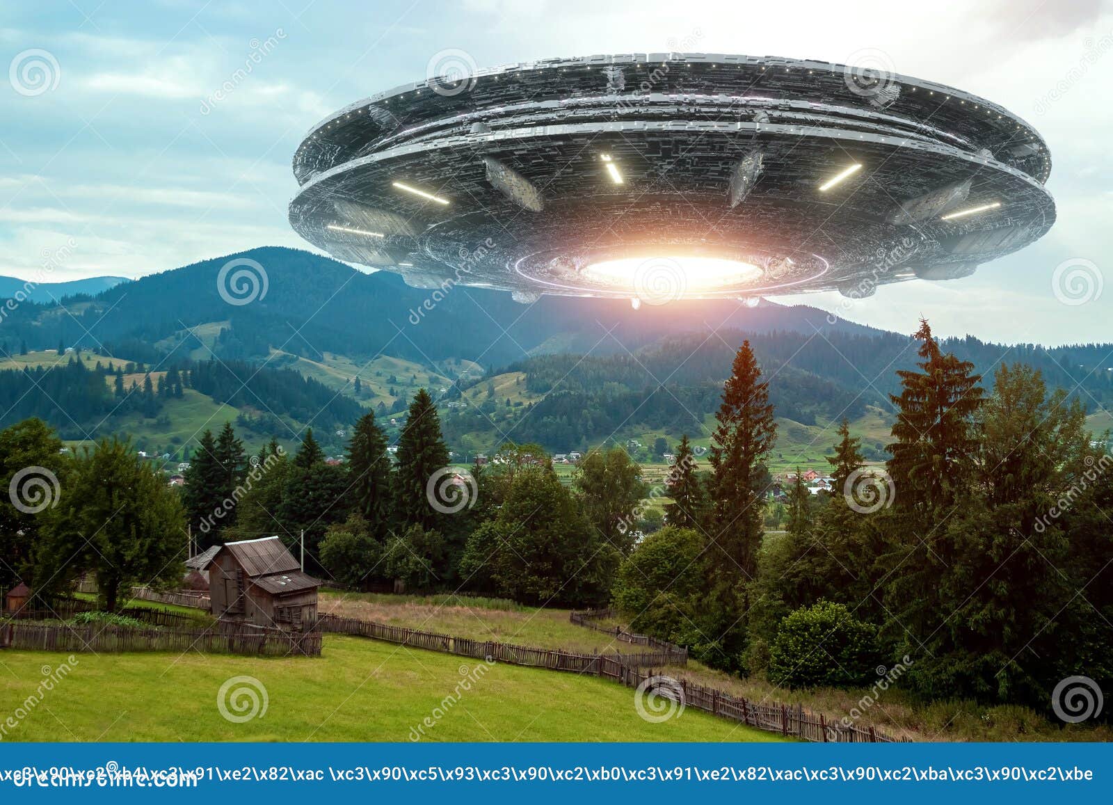 UFO, an Alien Saucer Hovering Above the Field in the Clouds, Hovering ...