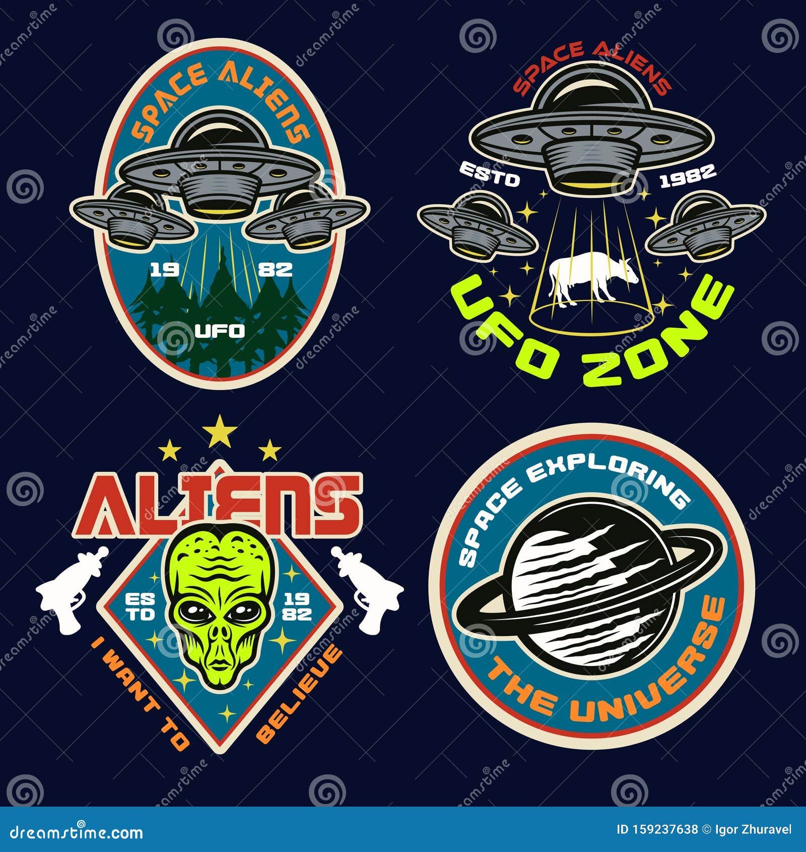 Ufo and Aliens Set of Four Colored Vector Emblems Stock Vector ...