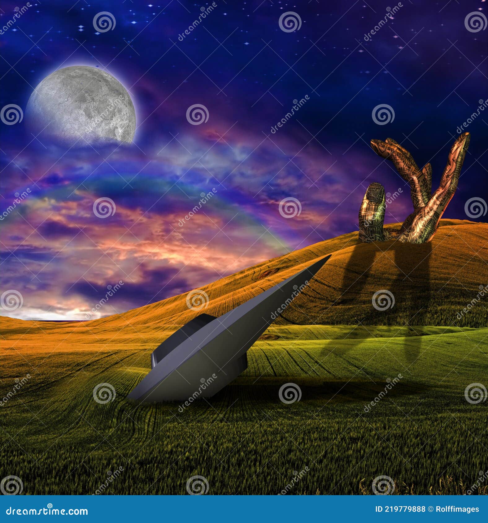 UFO Crash and Bionic Hand stock photo. Image of clouds - 219779888