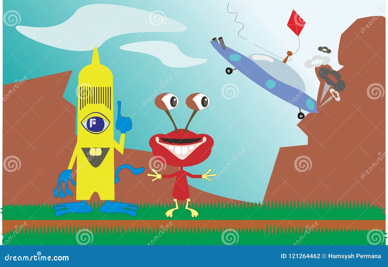 UFO Crash On Earth In The Afternoon With Two Alien In Illustration ...