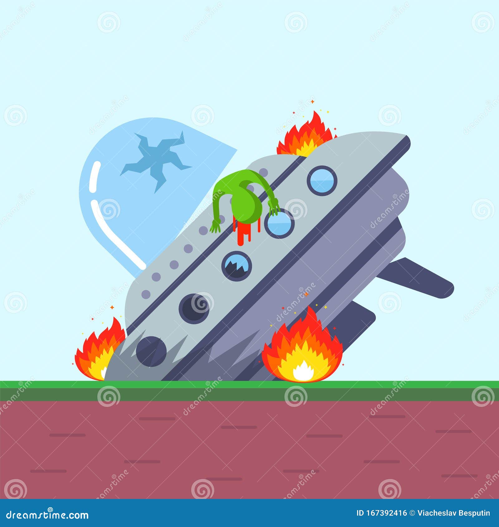 UFO Crashed On The Ground. Dead Alien. Vector Illustration ...