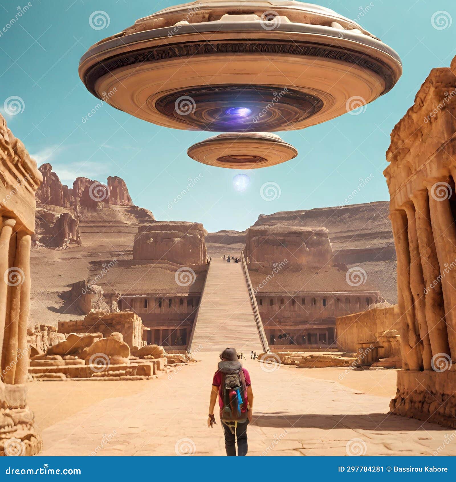 UFO Descending Ancient Touristic Temple Whith Alien Stock Image - Image ...