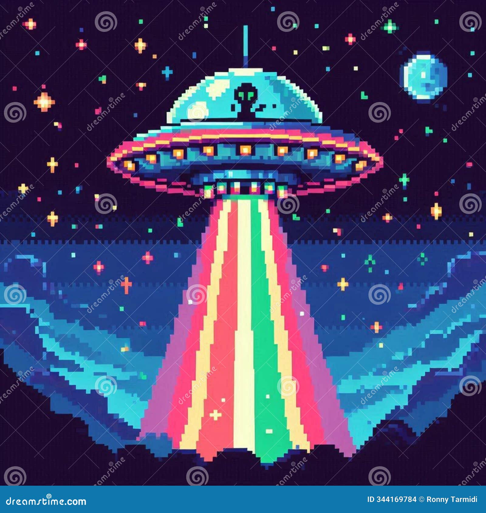 UFO in flight, pixel art stock illustration. Illustration of circle ...