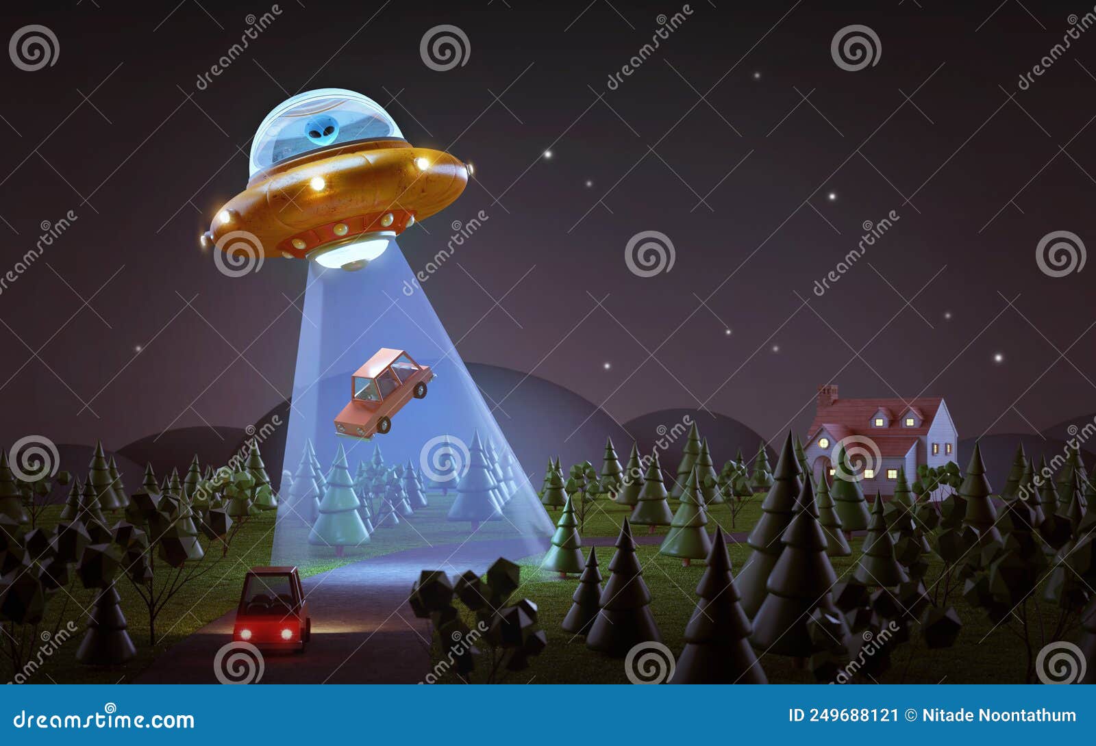UFO Flying with Alien and Abduct a Car at Night Stock Illustration ...