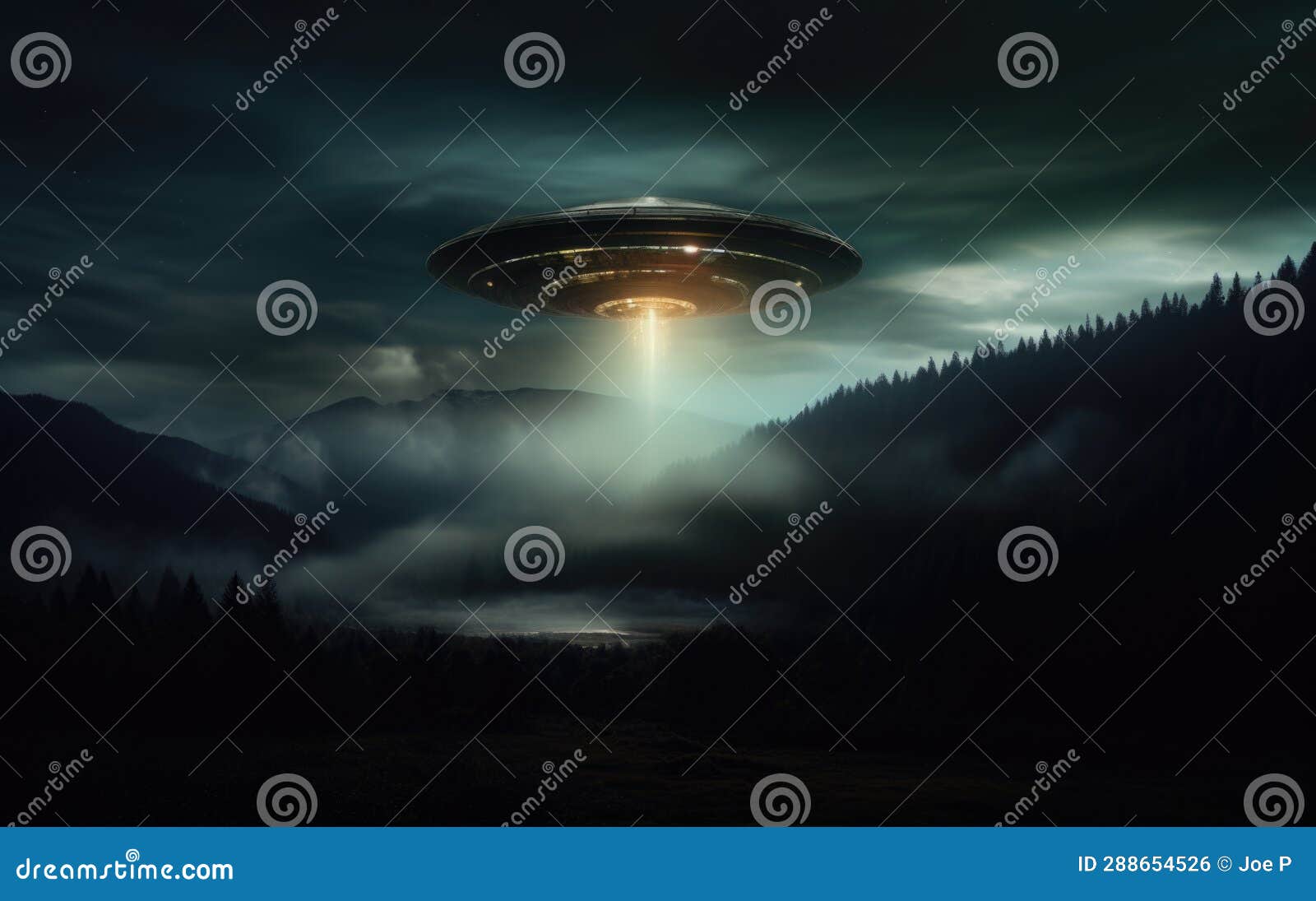 UFO Flying Disk Spaceship Emerging through the Mist at the Forest and ...