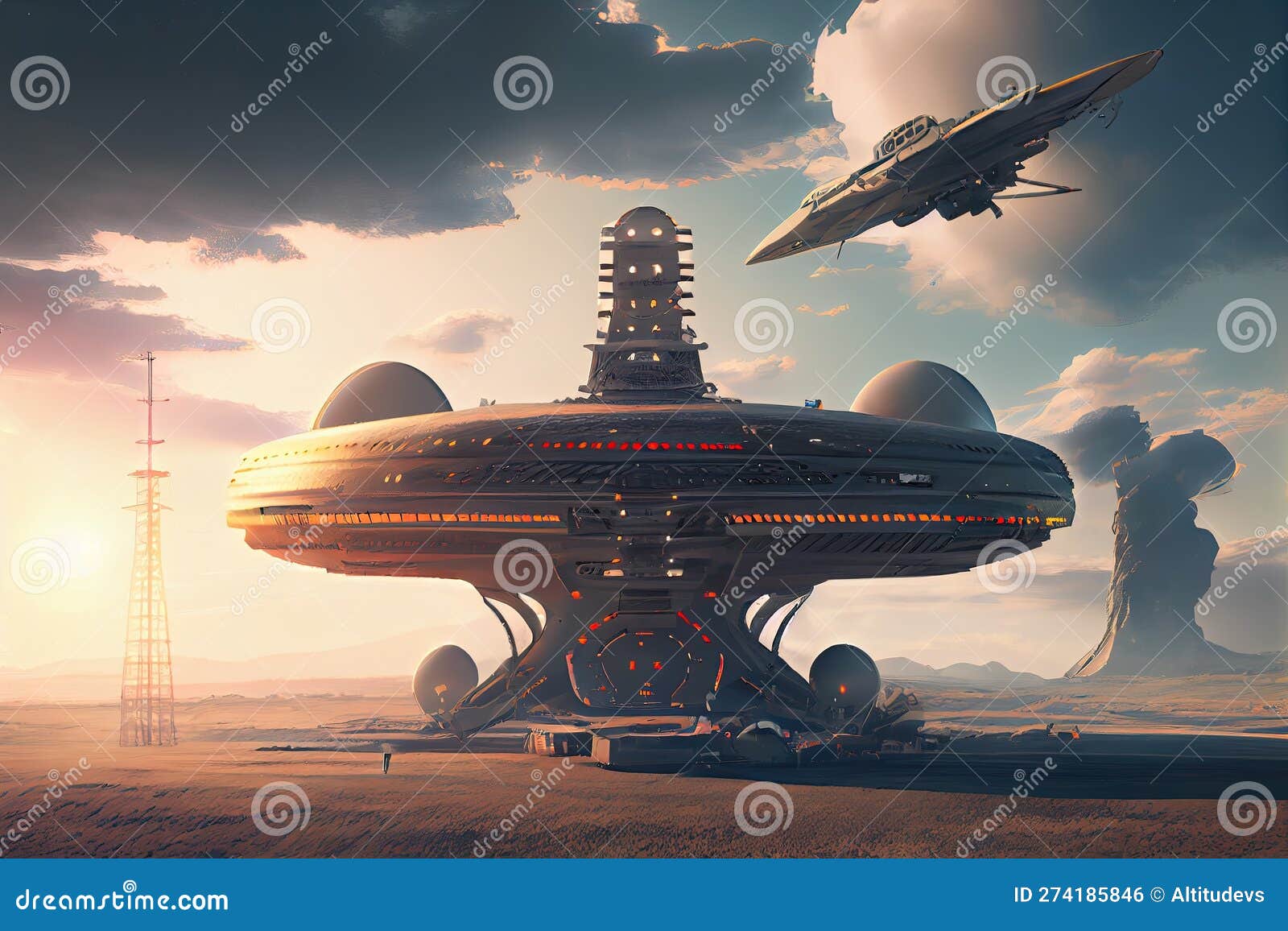 Ufo Hovering Over Cosmodrome, with View of Launch Pad and Spaceship in ...
