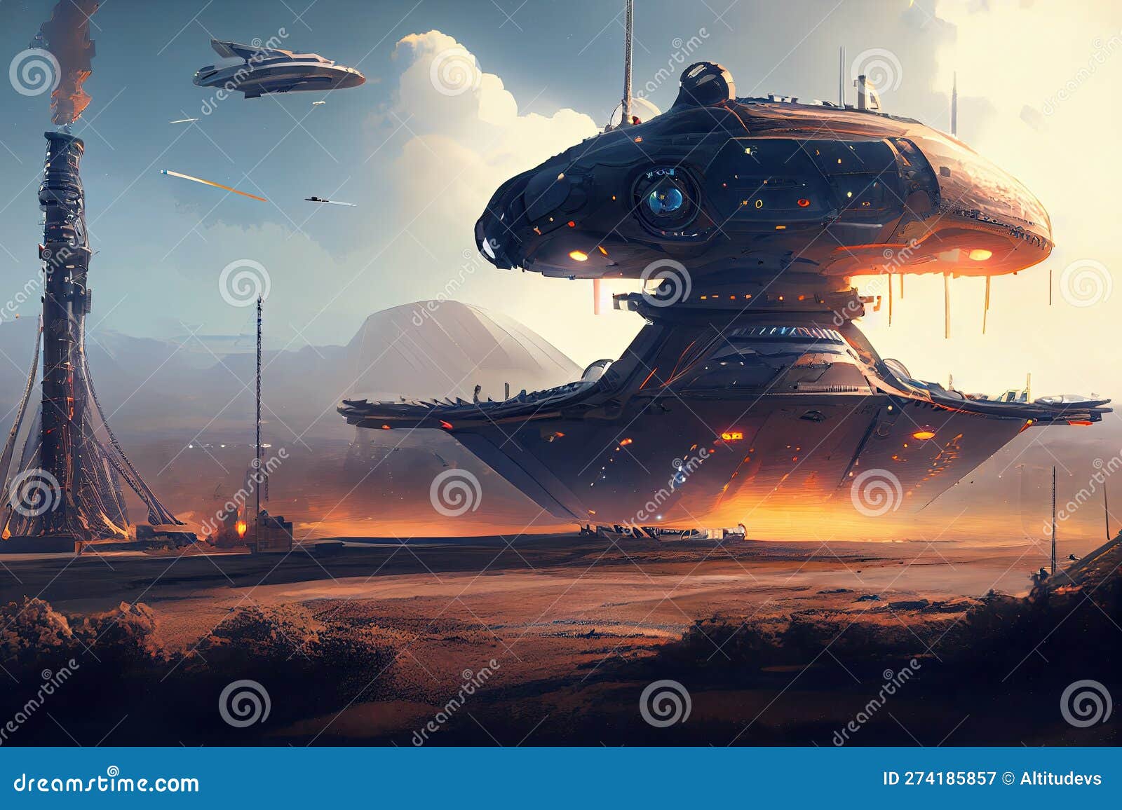 Ufo Hovering Over Cosmodrome, with View of Launch Pad and Spaceship in ...