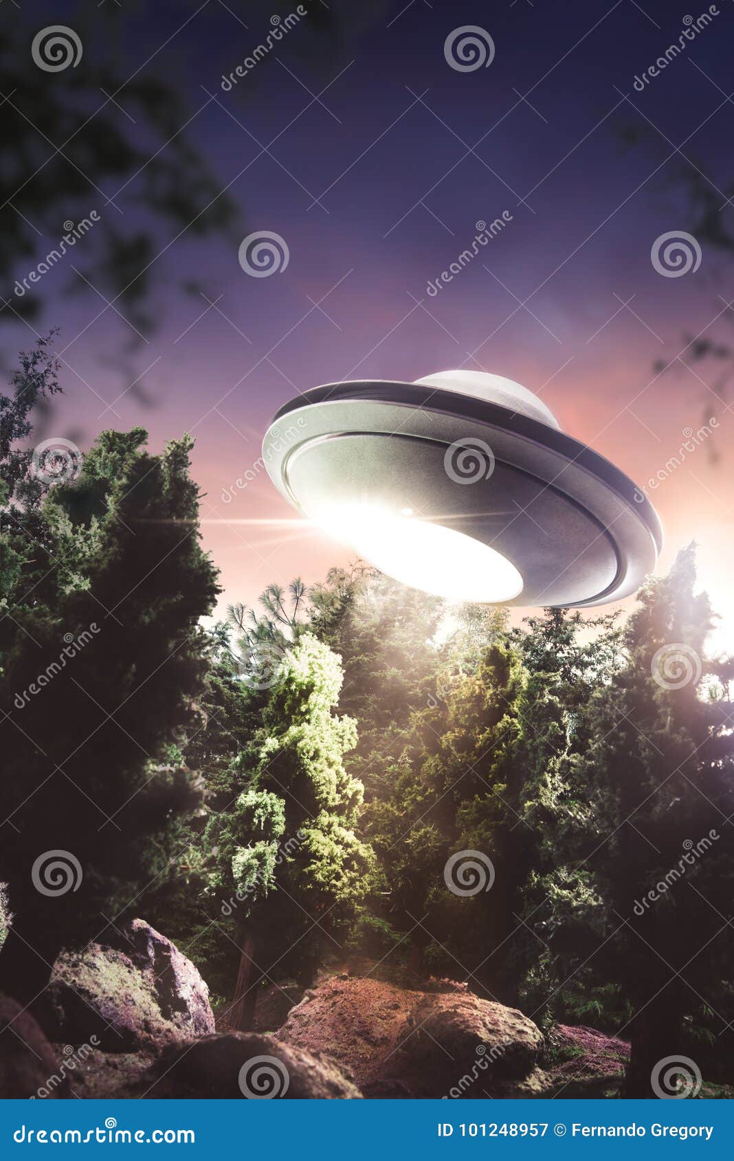 UFO flying over a forest stock image. Image of levitation - 101248957