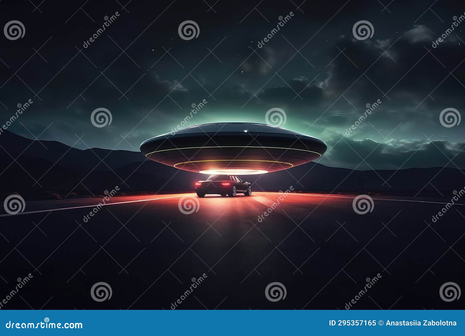 Ufo with Neon Lights Hovers Over Car on Road Stock Illustration ...