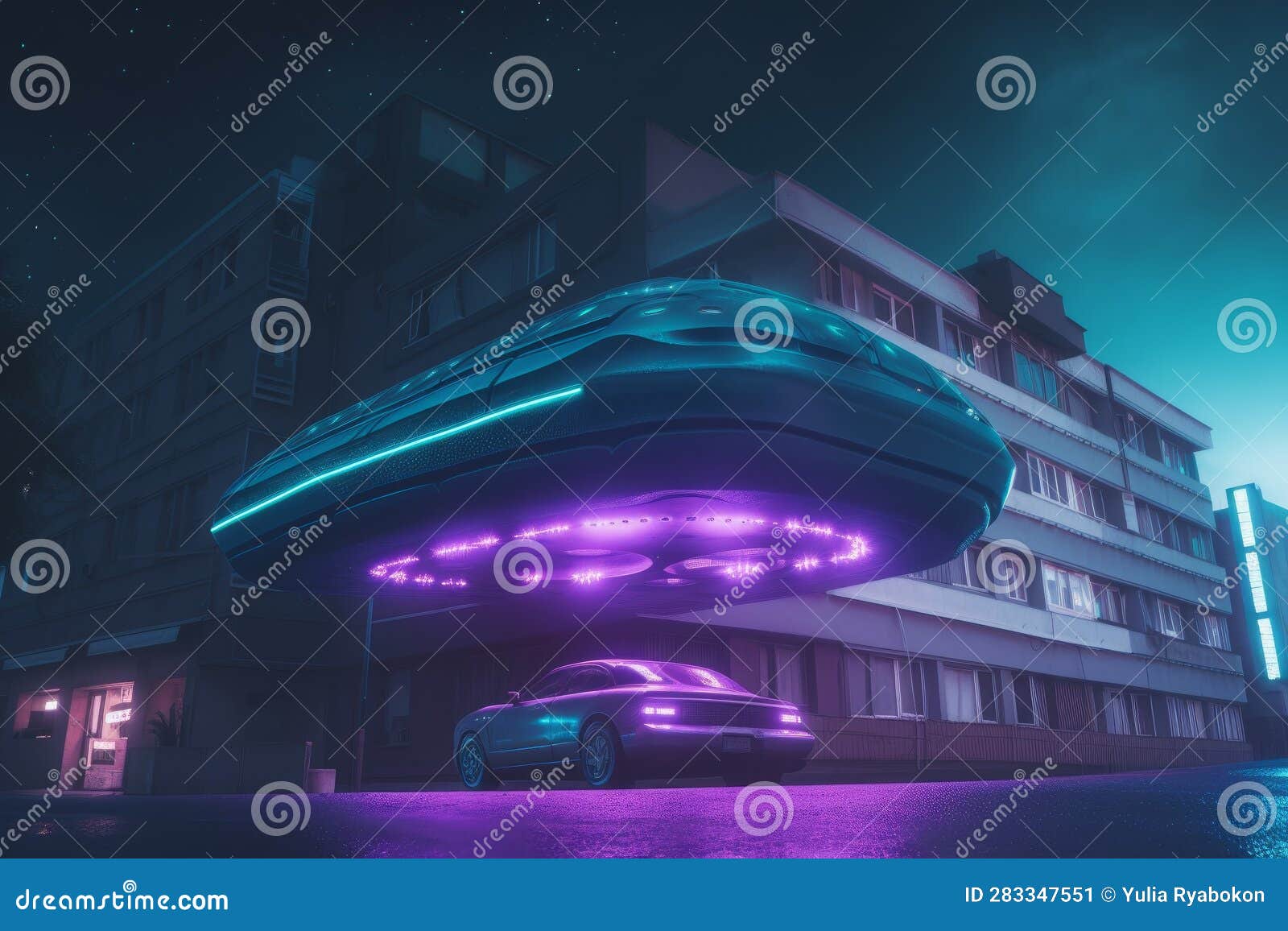 Ufo neon ship. Generate Ai stock illustration. Illustration of rendering - 283347551