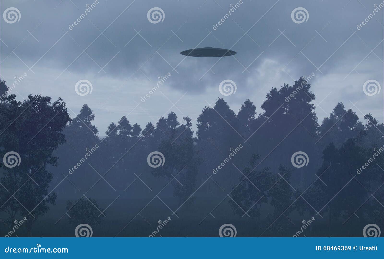 Ufo in night forest stock illustration. Illustration of fiction - 68469369