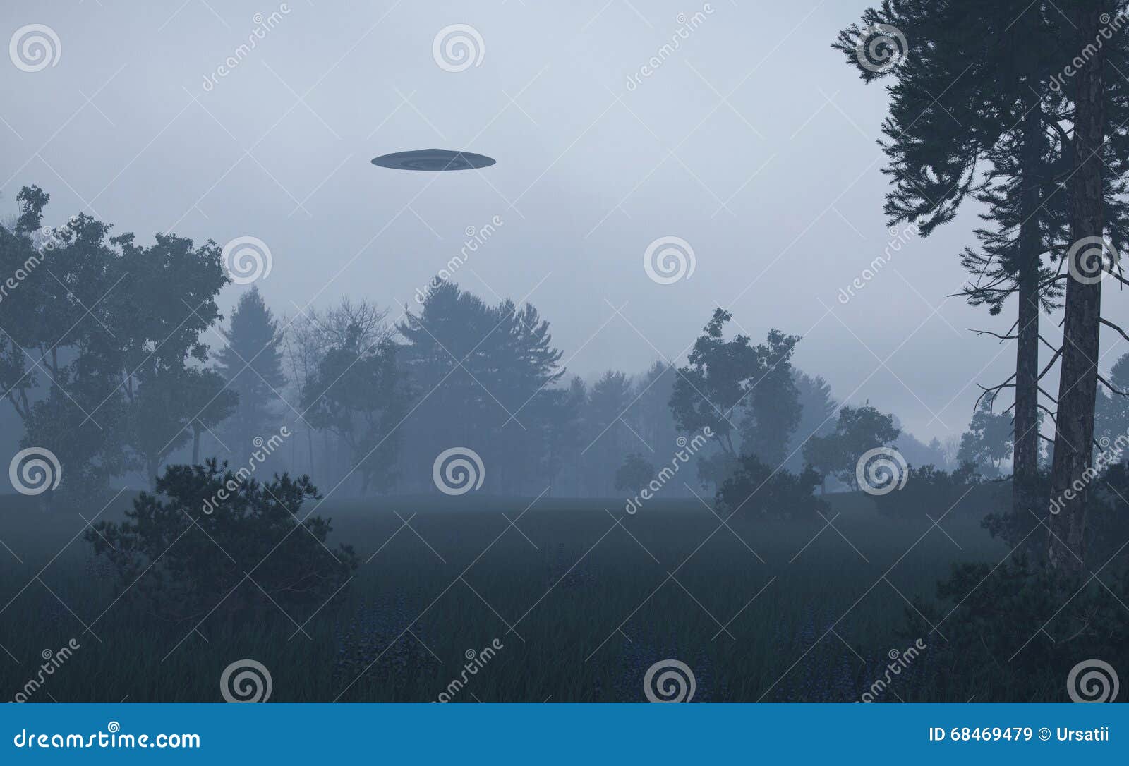Ufo in night forest stock illustration. Illustration of science - 68469479