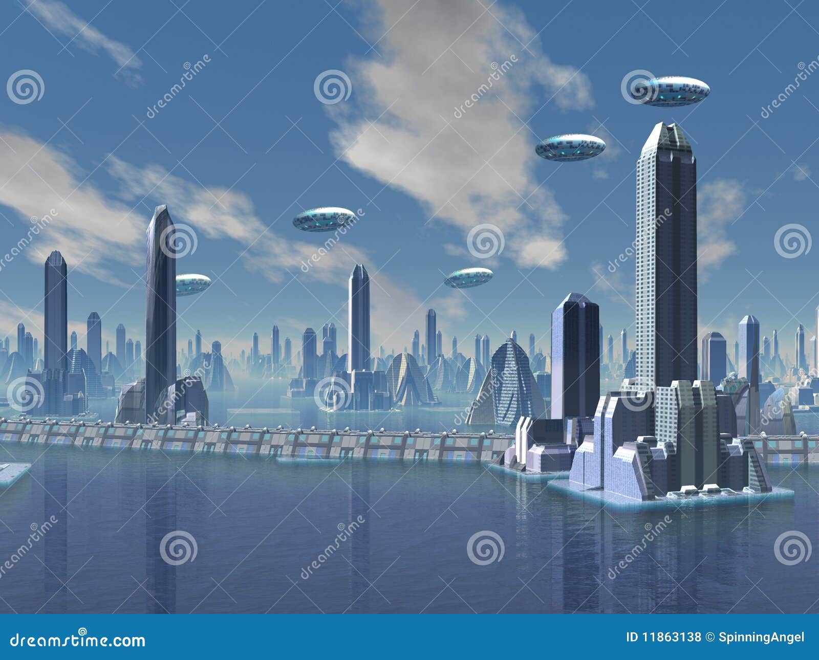 UFO Over Futuristic Alien City Stock Illustration - Image: 11863138