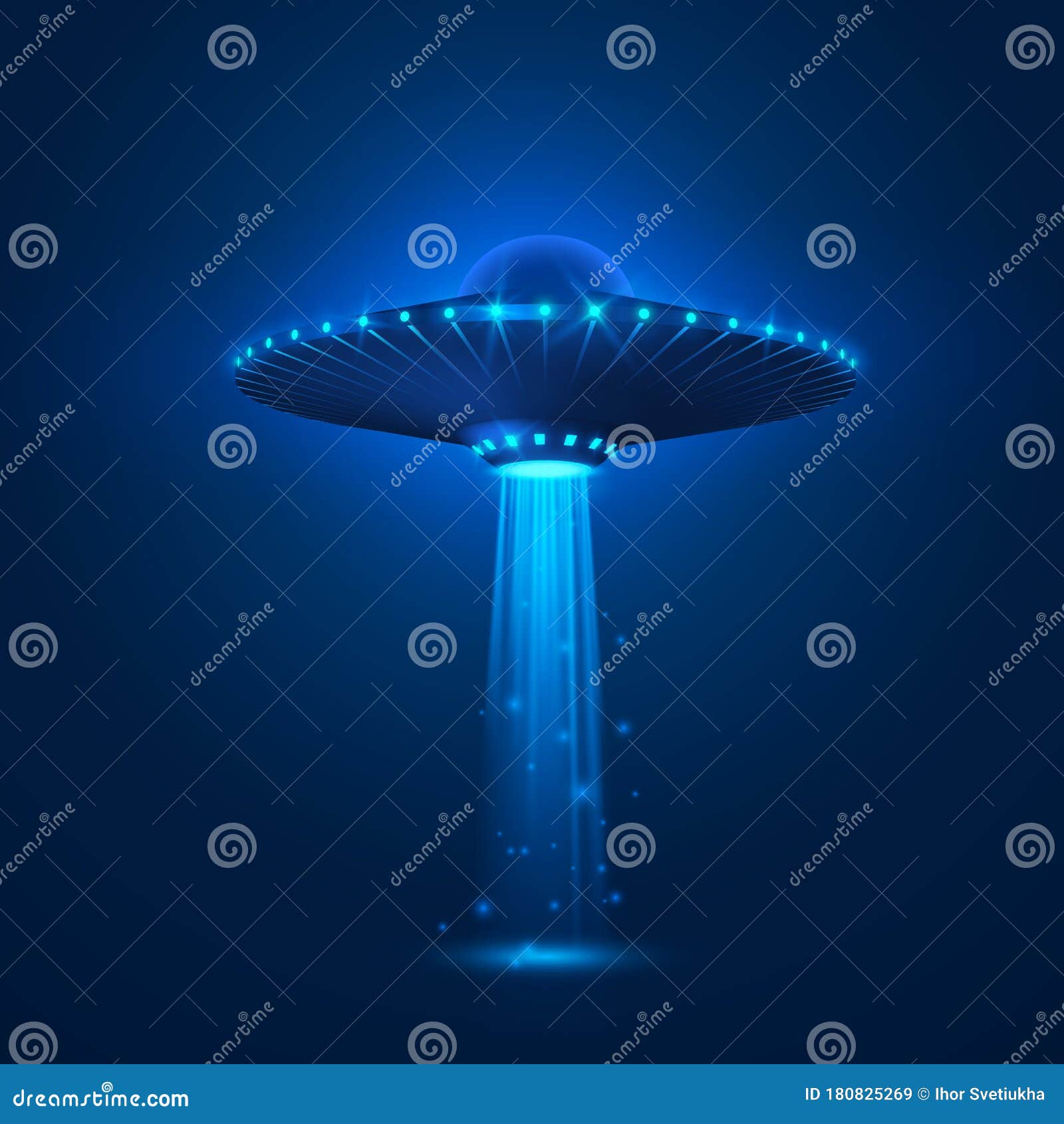 UFO with Ray of Light Fly in Night Sky. Alien Invasion. Sci-fi Concept ...