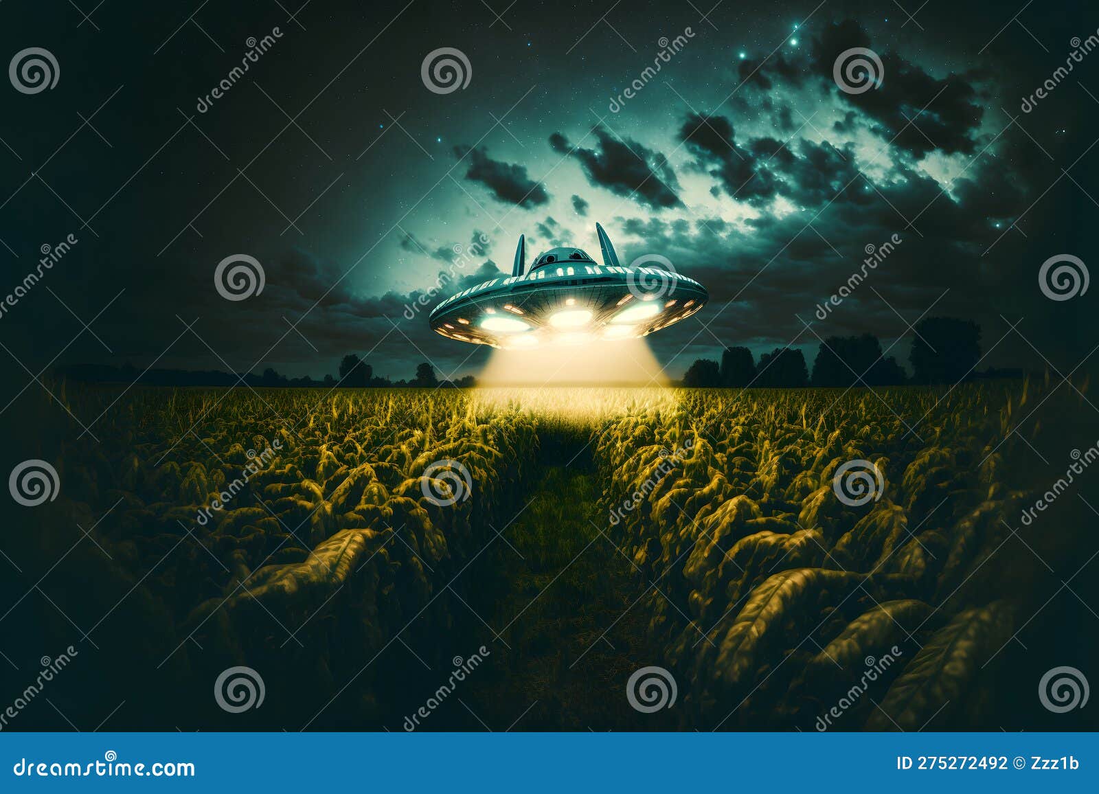 UFO Saucer Hovering Over Corn Field at Starry Night with Wide Beam of ...