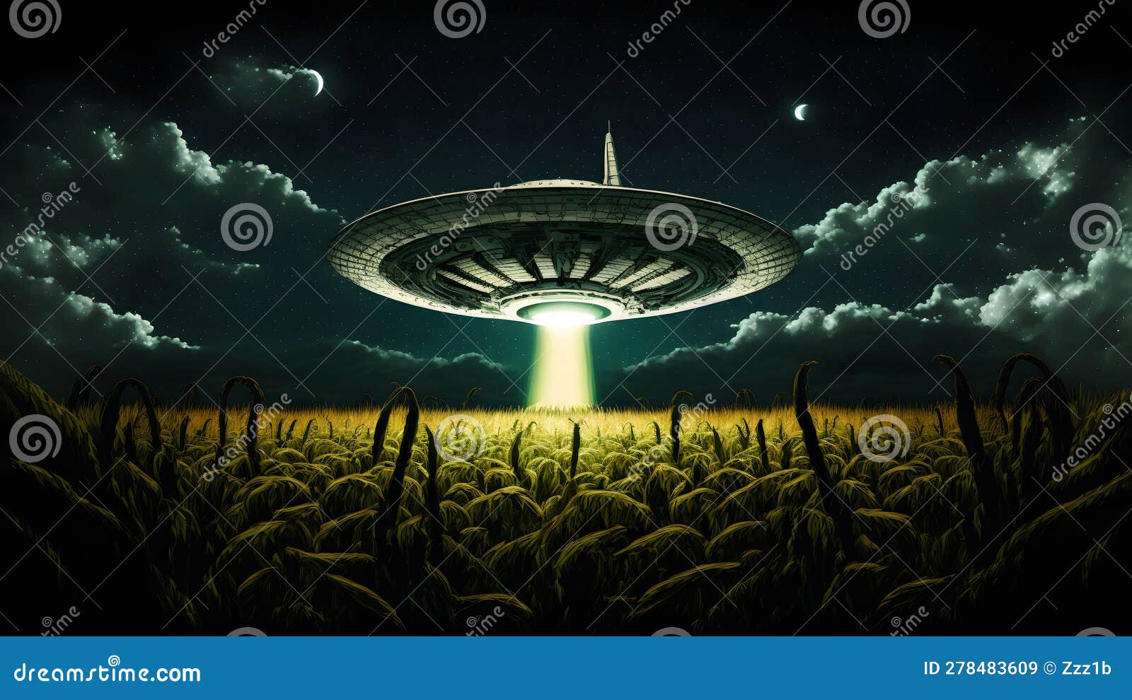 UFO Saucer Hovering Over Corn Field at Starry Night with Wide Beam of ...