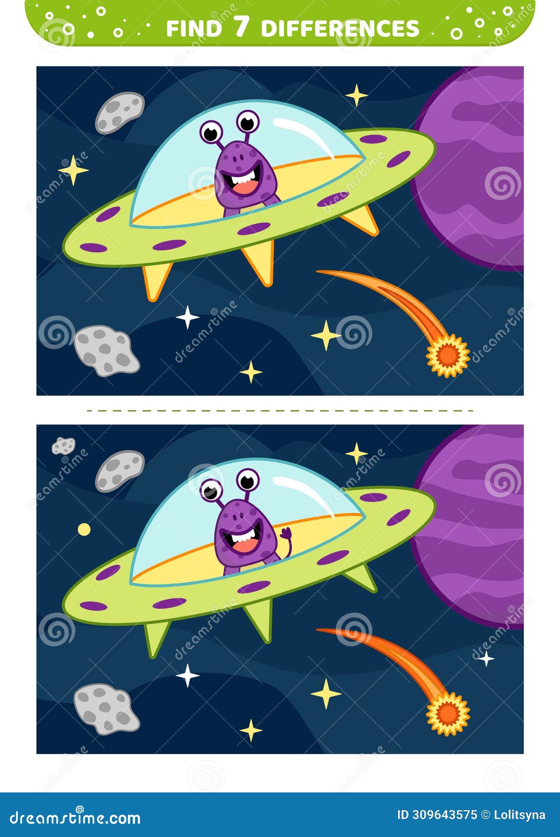 UFO in Space. Find 7 Differences. Space Game. Flat, Cartoon, Vector ...