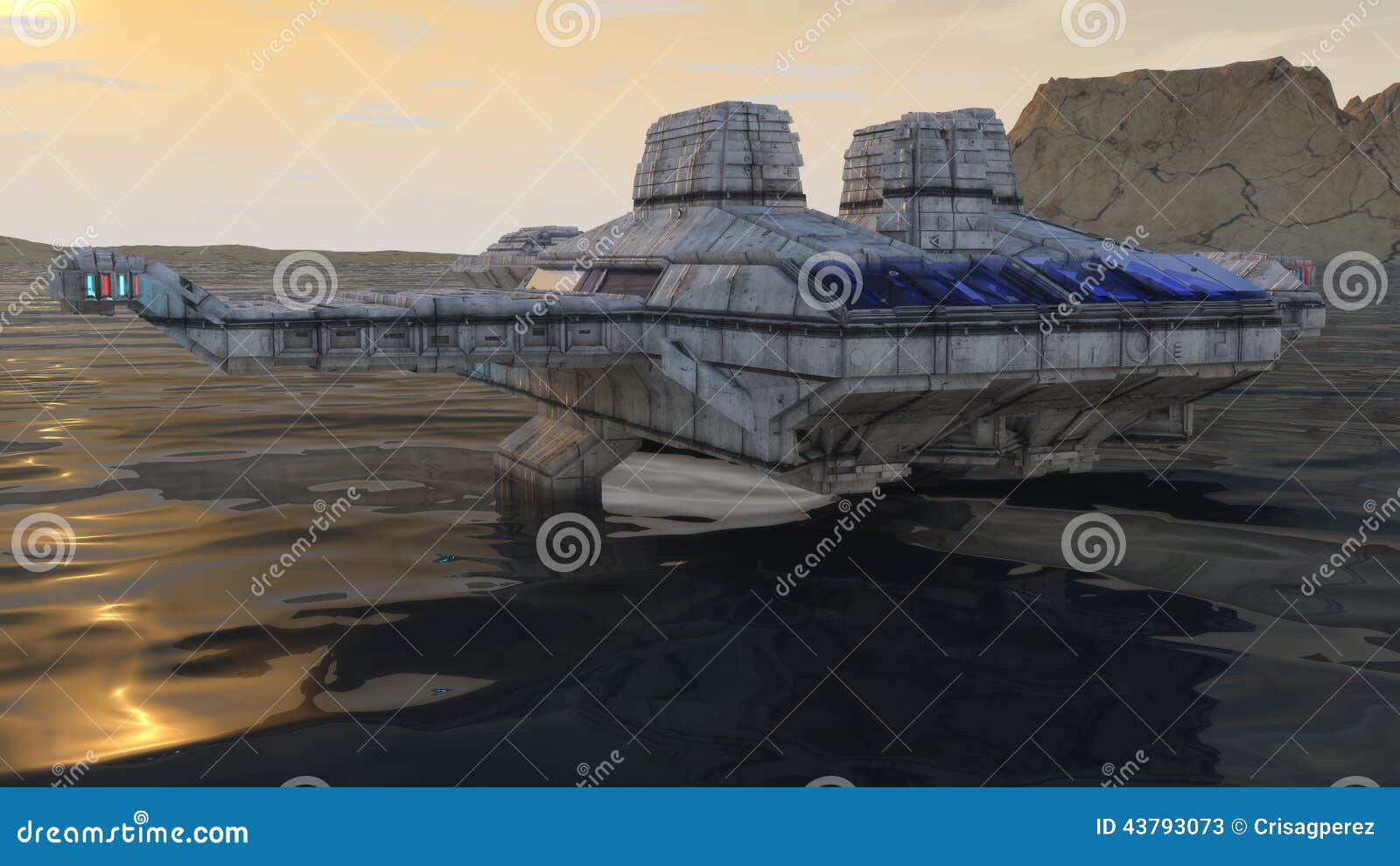 UFO Spaceship Standing on the Water Stock Illustration - Illustration ...