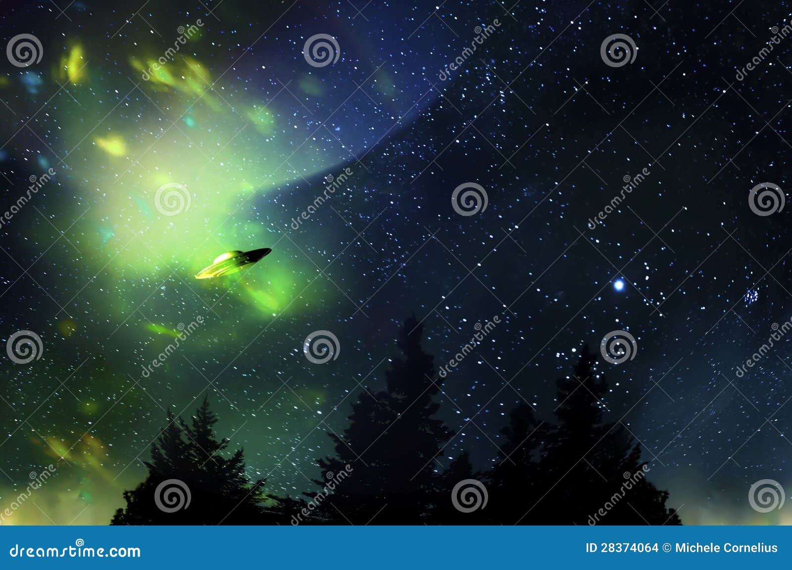 UFO and Weird Lights in the Night Sky Stock Illustration - Illustration ...