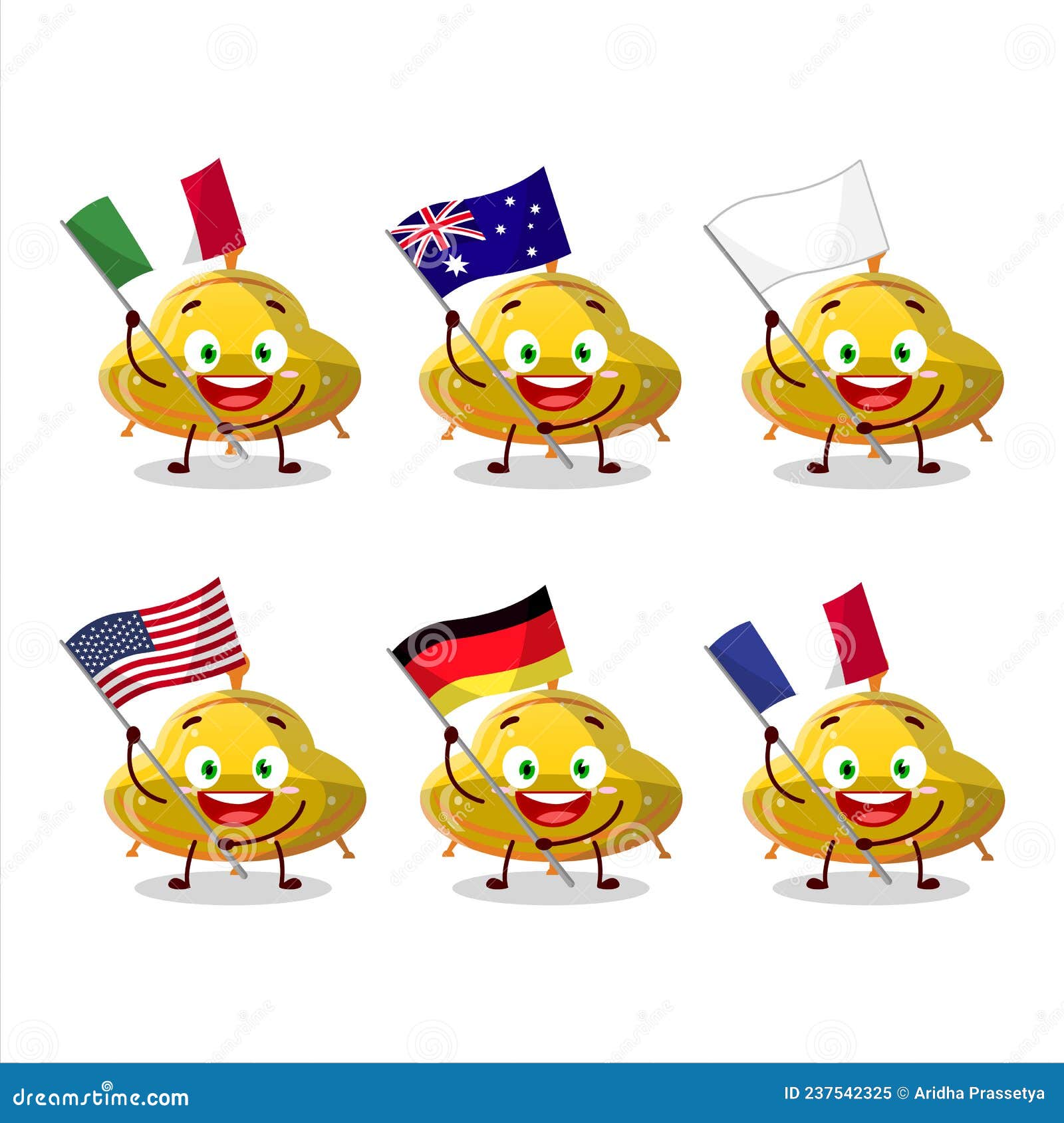 UFO Yellow Gummy Candy Cartoon Character Bring the Flags of Various ... UFO Yellow Gummy Candy Cartoon Character Bring the Flags of Various ...