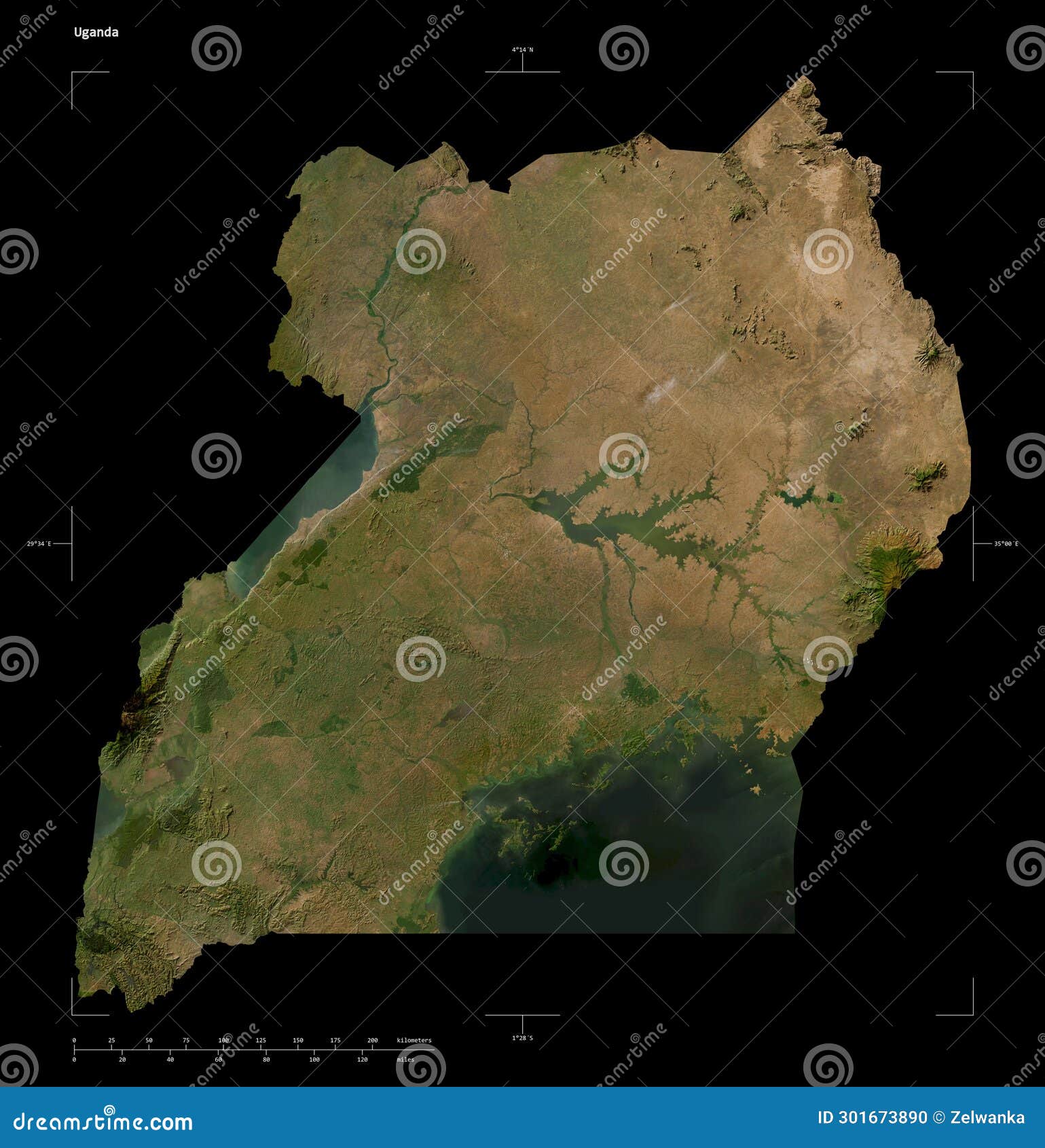 Uganda Shape on Black. Low-res Satellite Stock Illustration ...