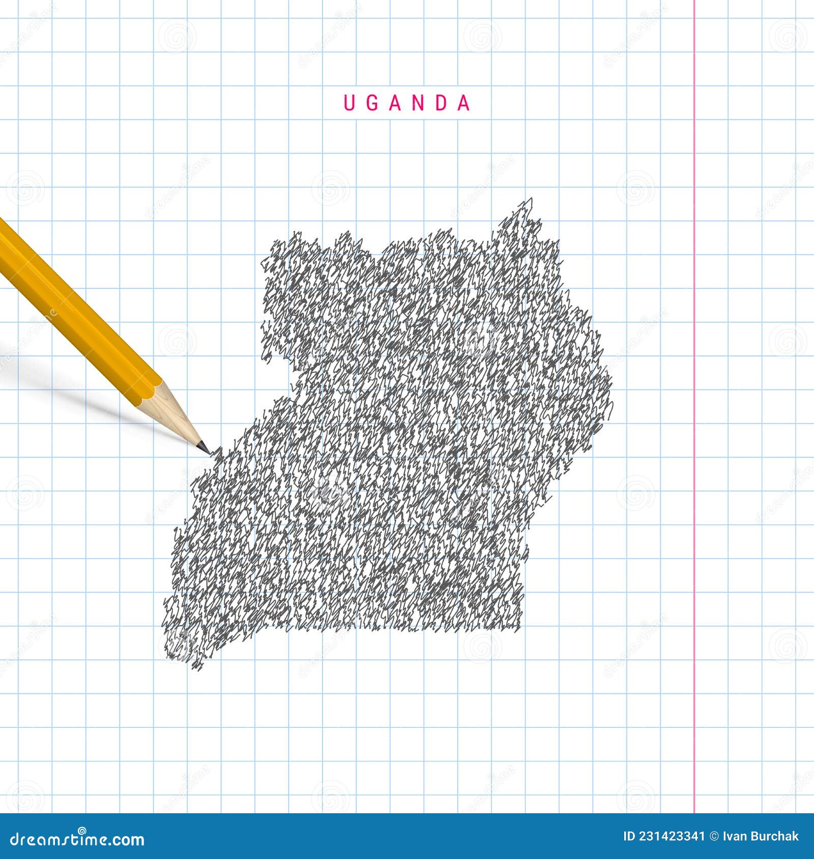 Uganda Sketch Scribble Vector Map Drawn on Checkered School Notebook ... Uganda Sketch Scribble Vector Map Drawn on Checkered School Notebook ...