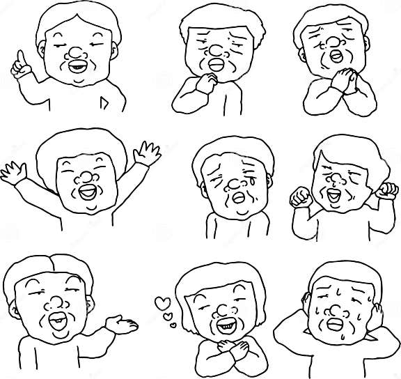 Ugly Fat Man Poses And Facial Expressions Outline Set Stock