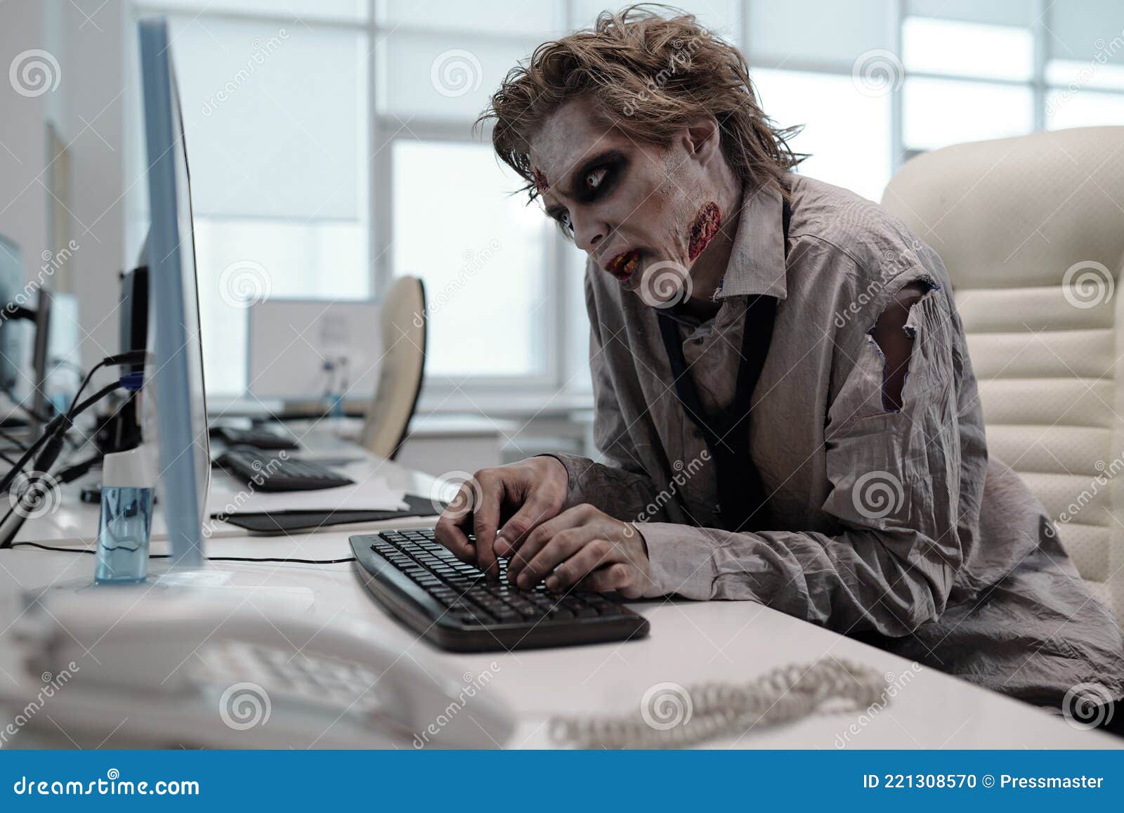 Ugly Man with Zombie Makeup Working with Computer Stock Photo - Image ...
