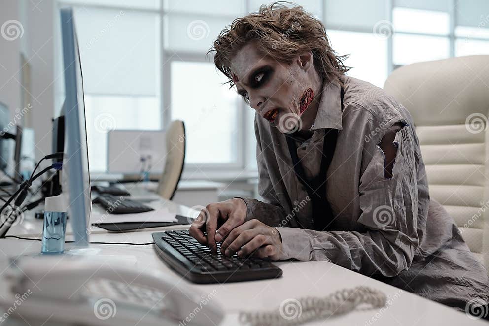 Ugly Man with Zombie Makeup Working with Computer Stock Photo - Image ...