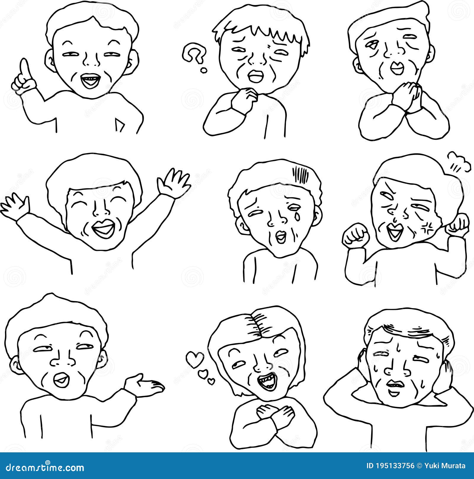 Ugly Fat Man Poses And Facial Expressions Outline Set Cartoon Vector