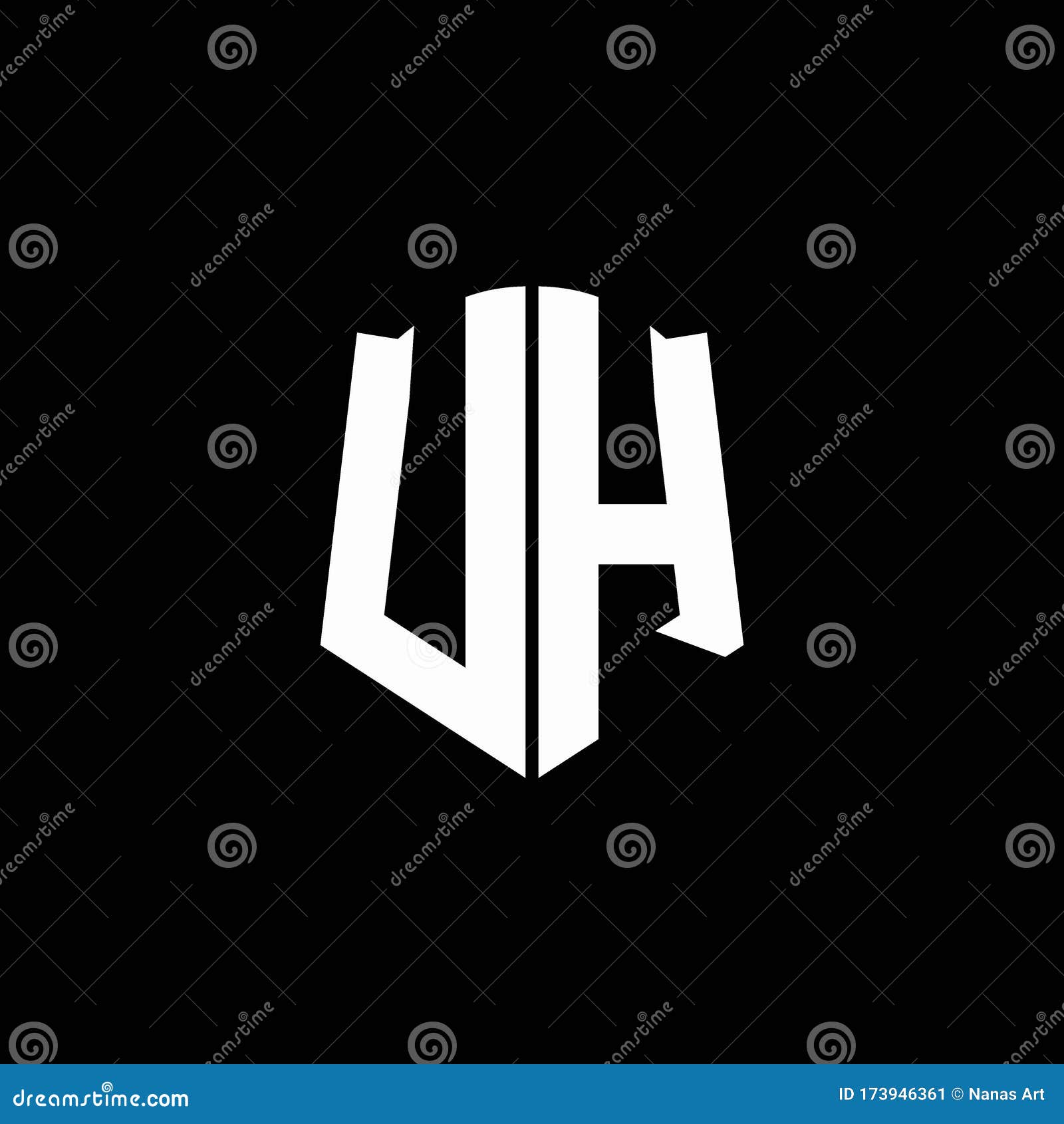 UH Monogram Letter Logo Ribbon with Shield Style Isolated on Black ...