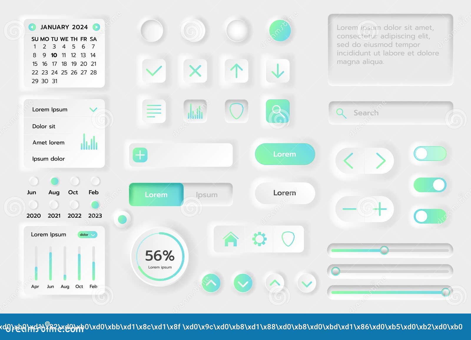 UI Button. Kit Neomorphic App Isolated Elements, Calendar UX Objects, Mobile Web Interface ...