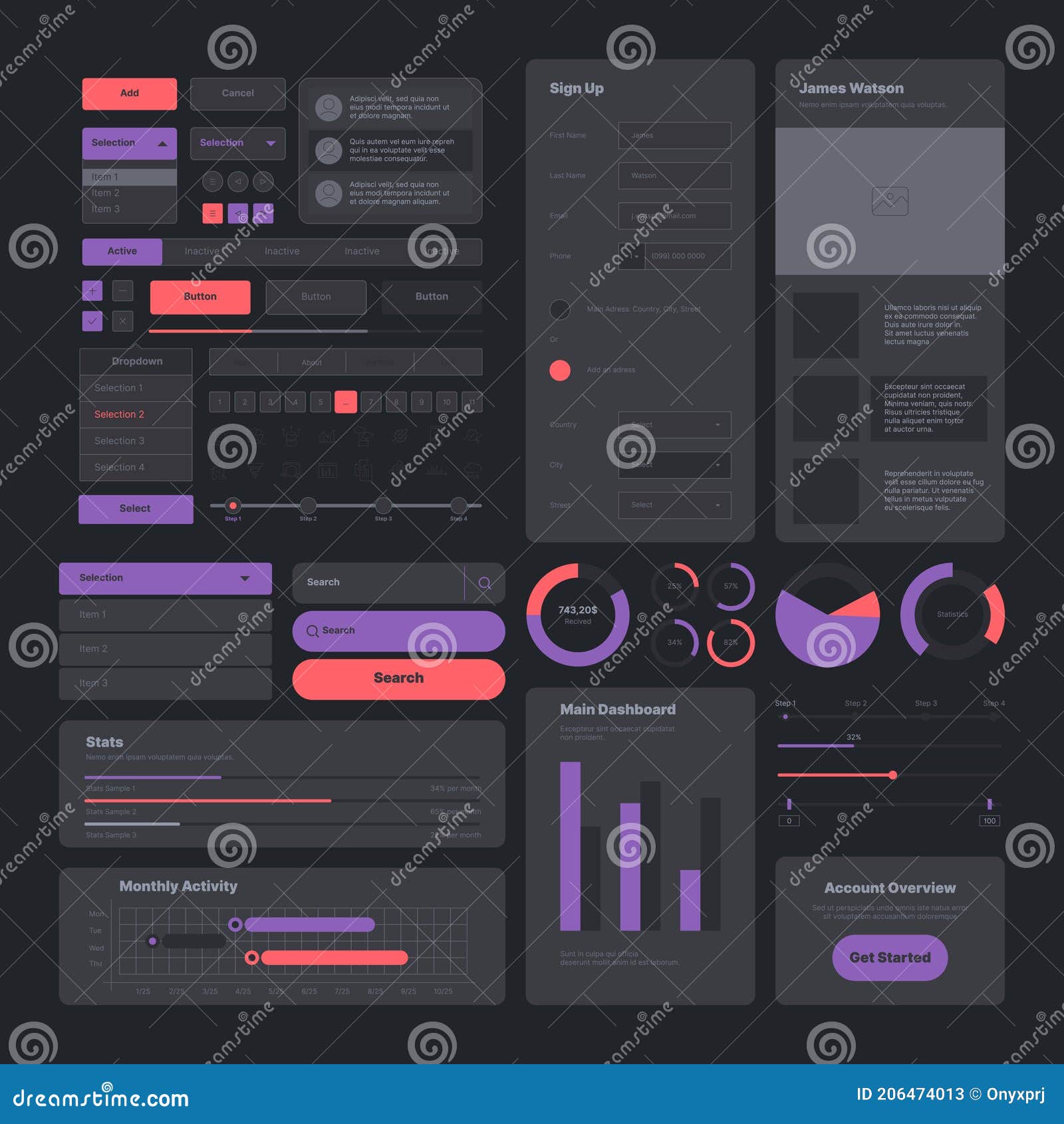 Ui Dark. Web Design Pages Layout User Icons Buttons Dividers Navigate ...