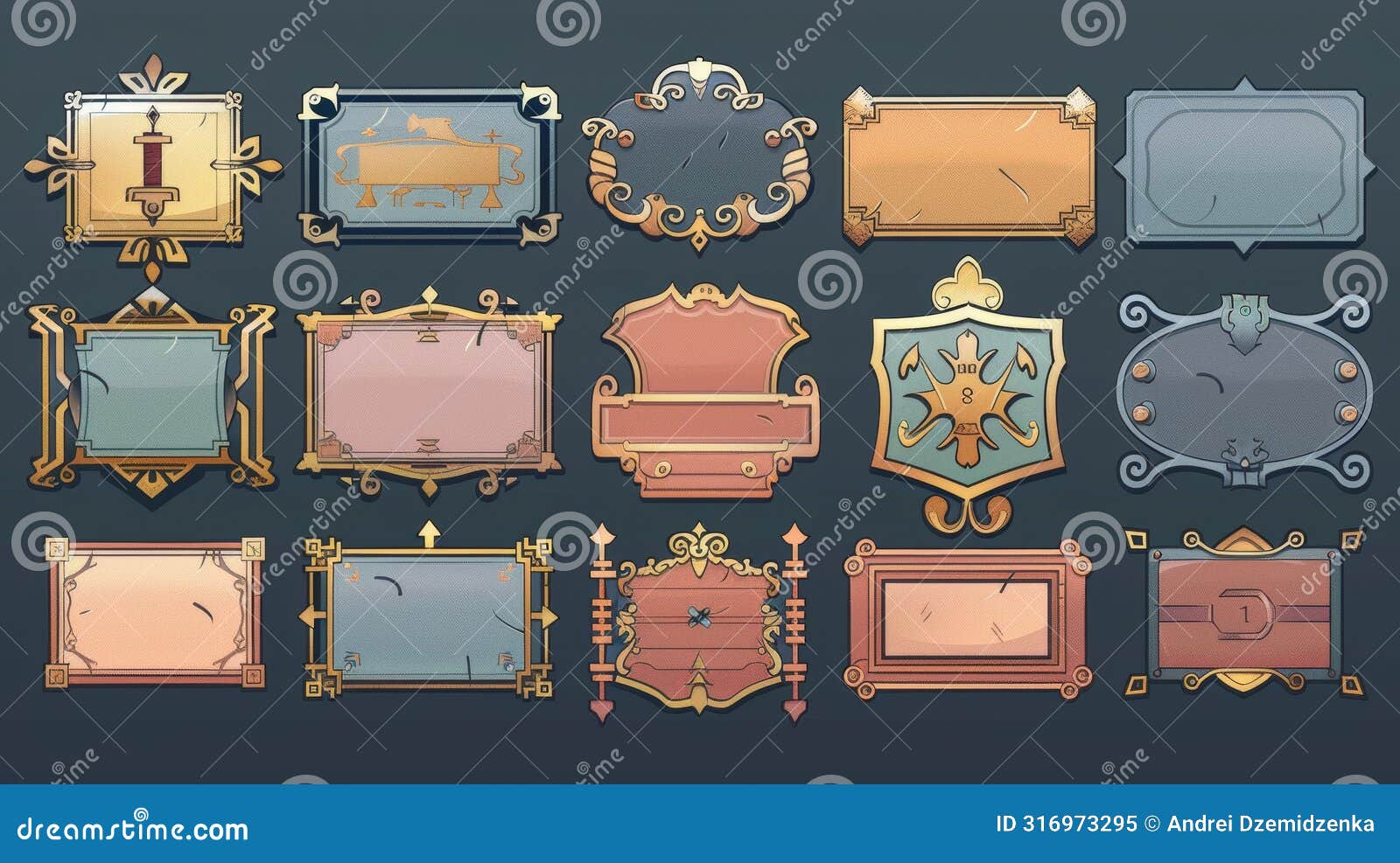 UI Elements with Golden, Bronze, and Silver Ornate Borders. Modern ...