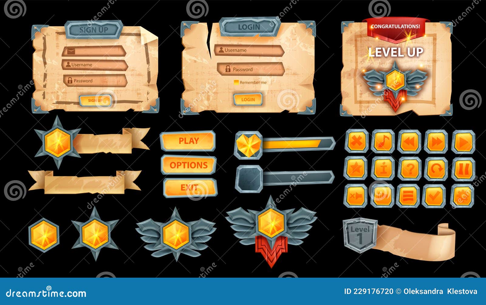 UI Game Vector Button Design Set, Old Parchment Background Menu Kit ...