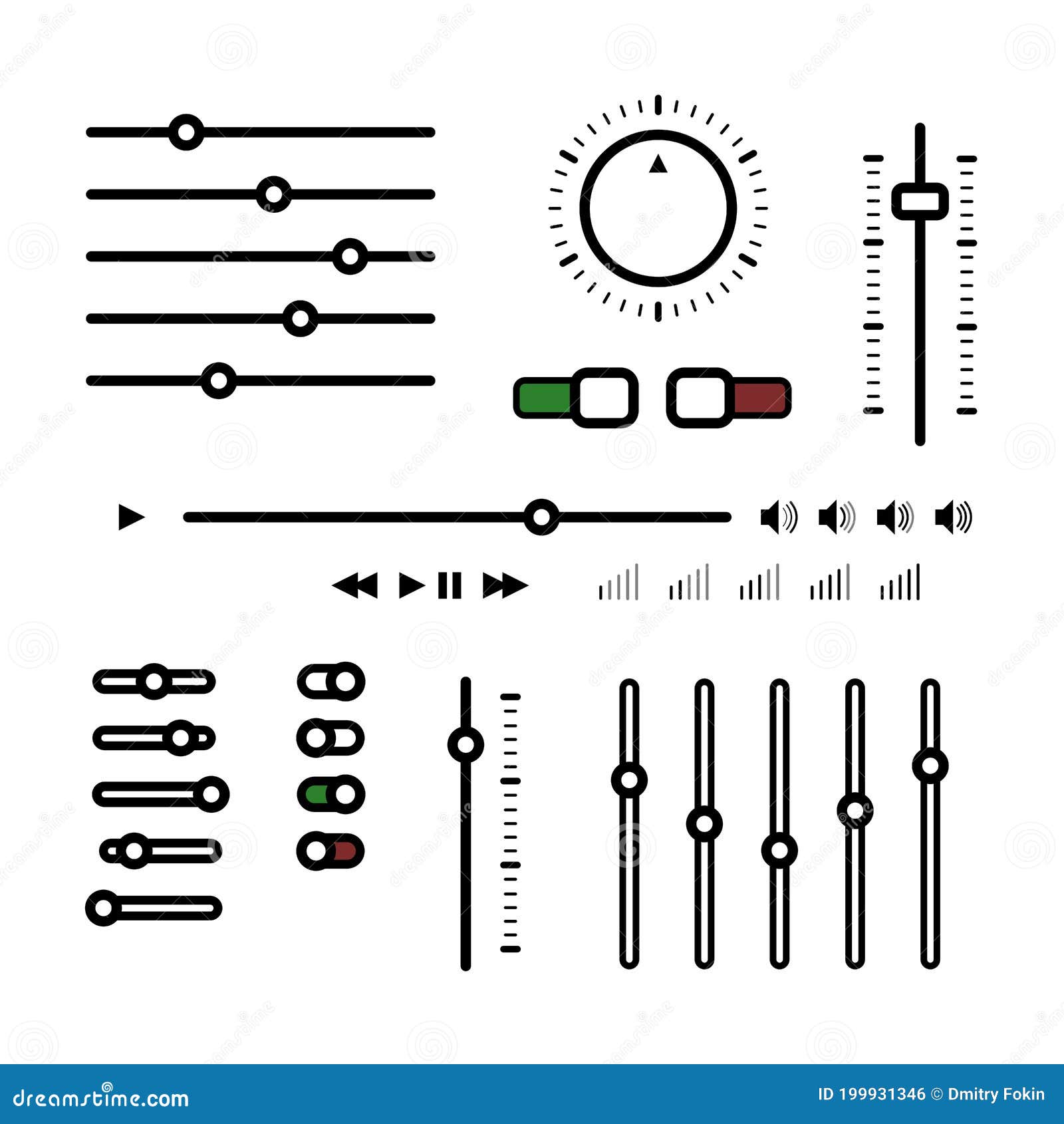UI Interface Elements. Sliders, Switches, Dial Knob. Minimalistic Flat ...