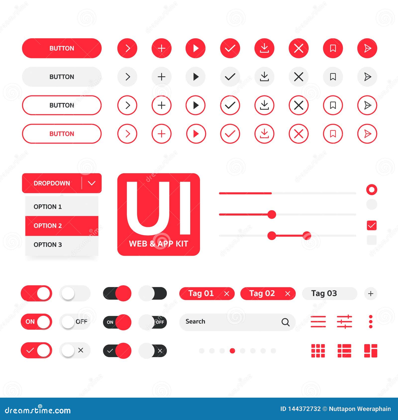 UI Kit Web & Application Red Elementals Template, Flat Design Stock ...