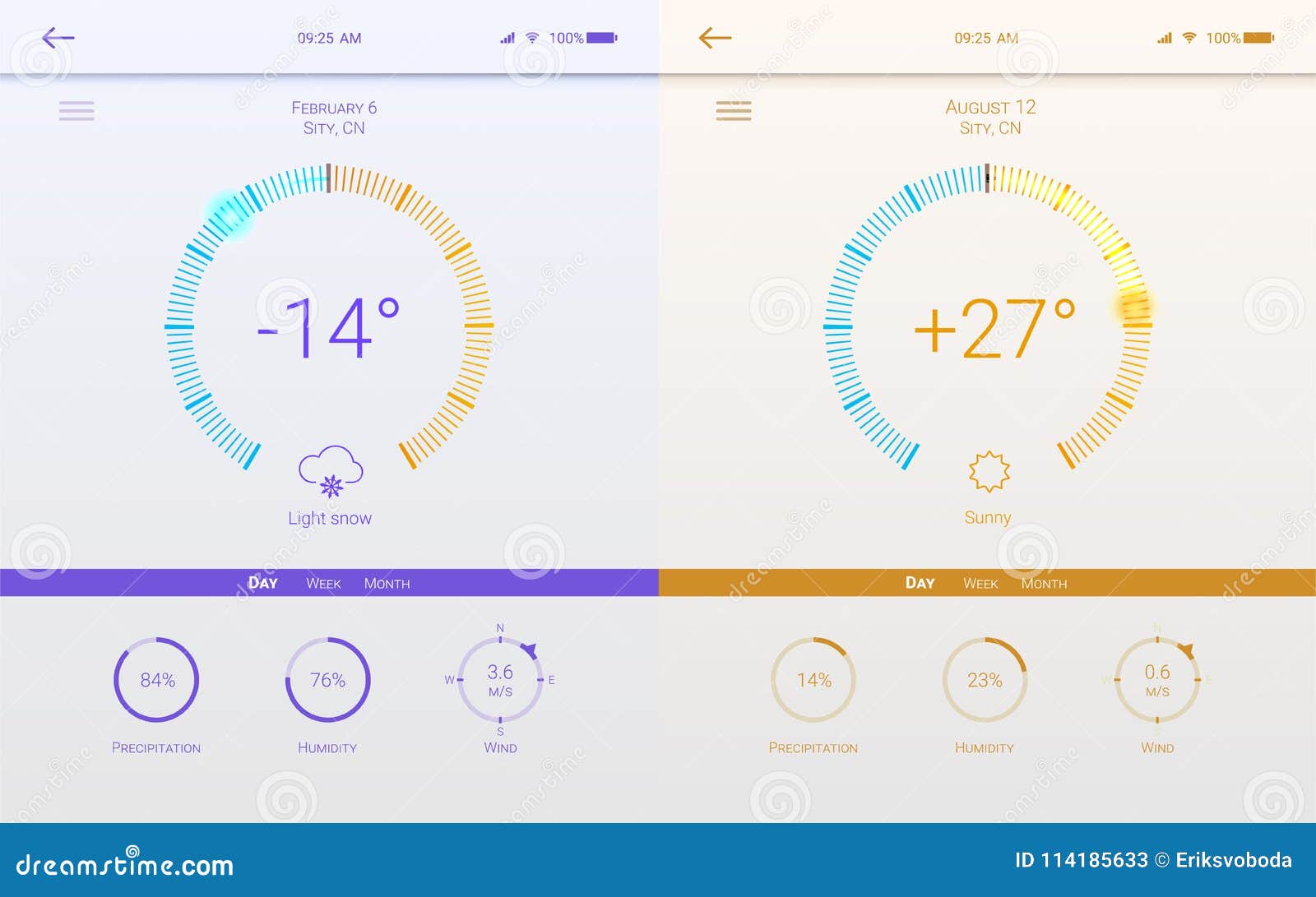 UI of Page of Weather for Mobile App. Template of Winter and Summer ...