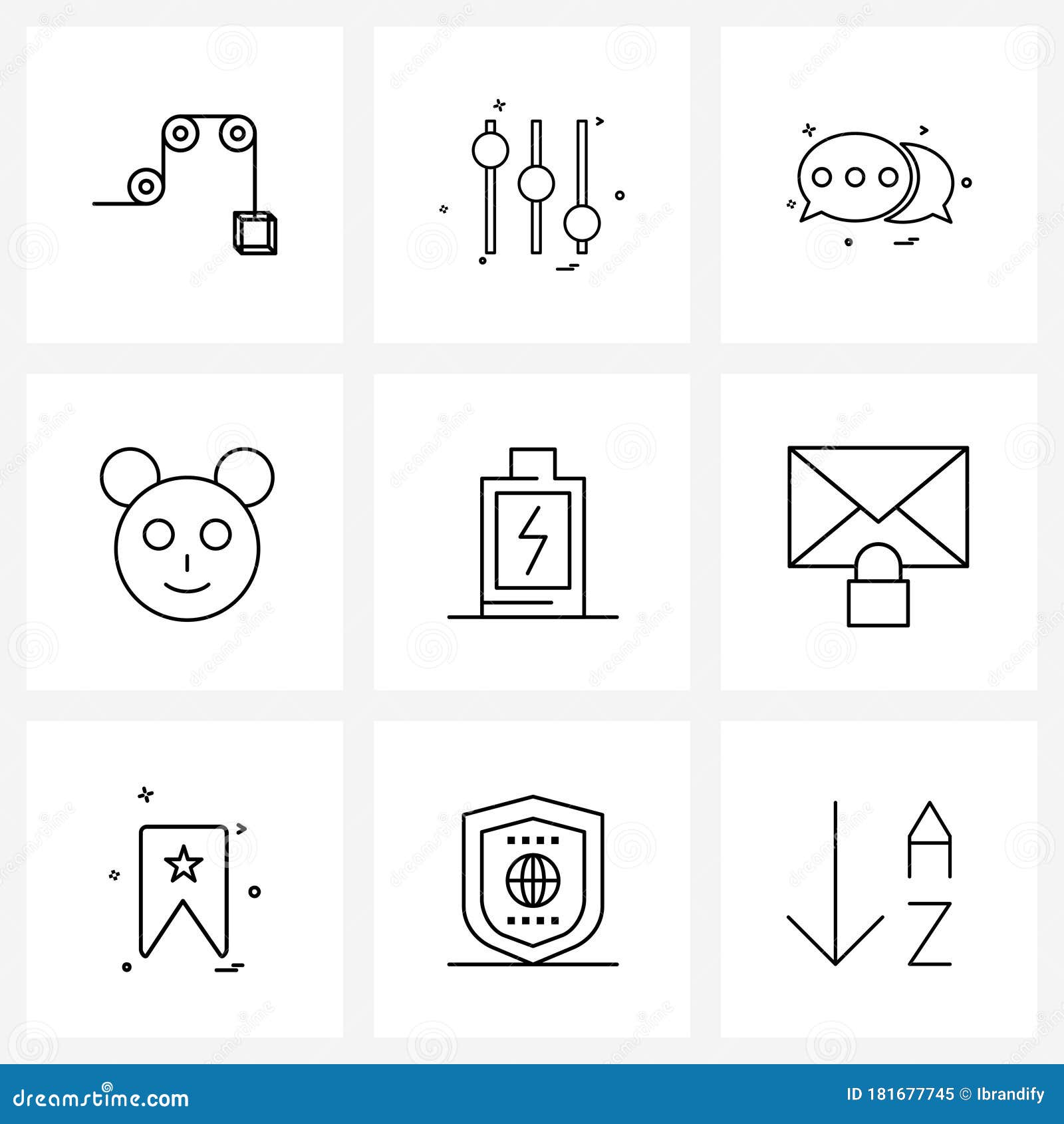 UI Set Of 9 Basic Line Icons Of Email Action, Battery, Sms, Basic, Bear ...