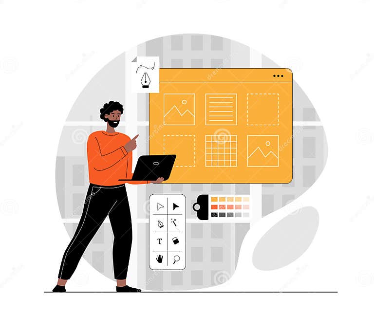 UI UX Design Concept. Man Create Layout and Optimize Elements, Testing ... UI UX Design Concept. Man Create Layout and Optimize Elements, Testing ...