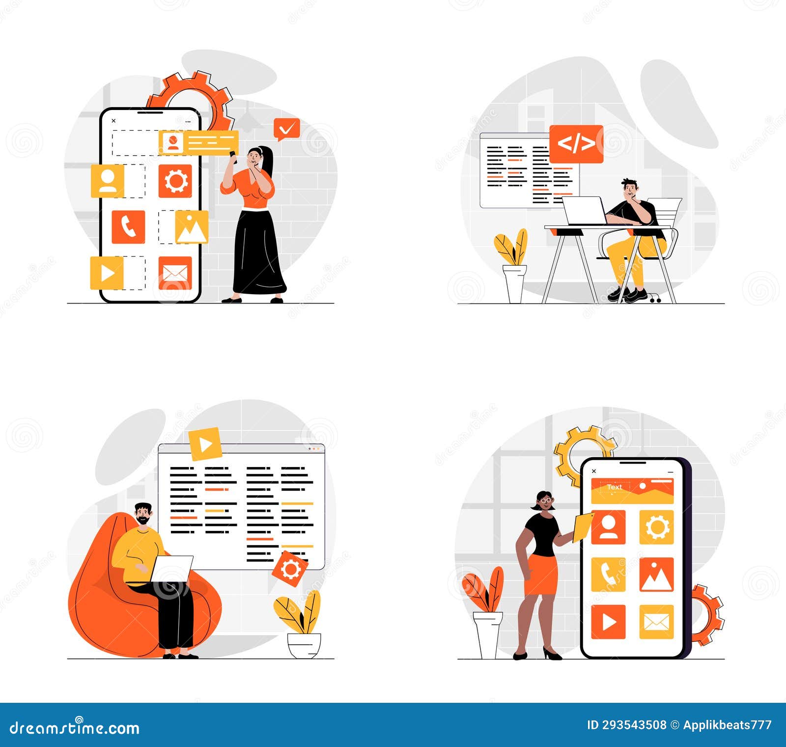 UI UX Development Concept with Character Set. Collection of Scenes ...