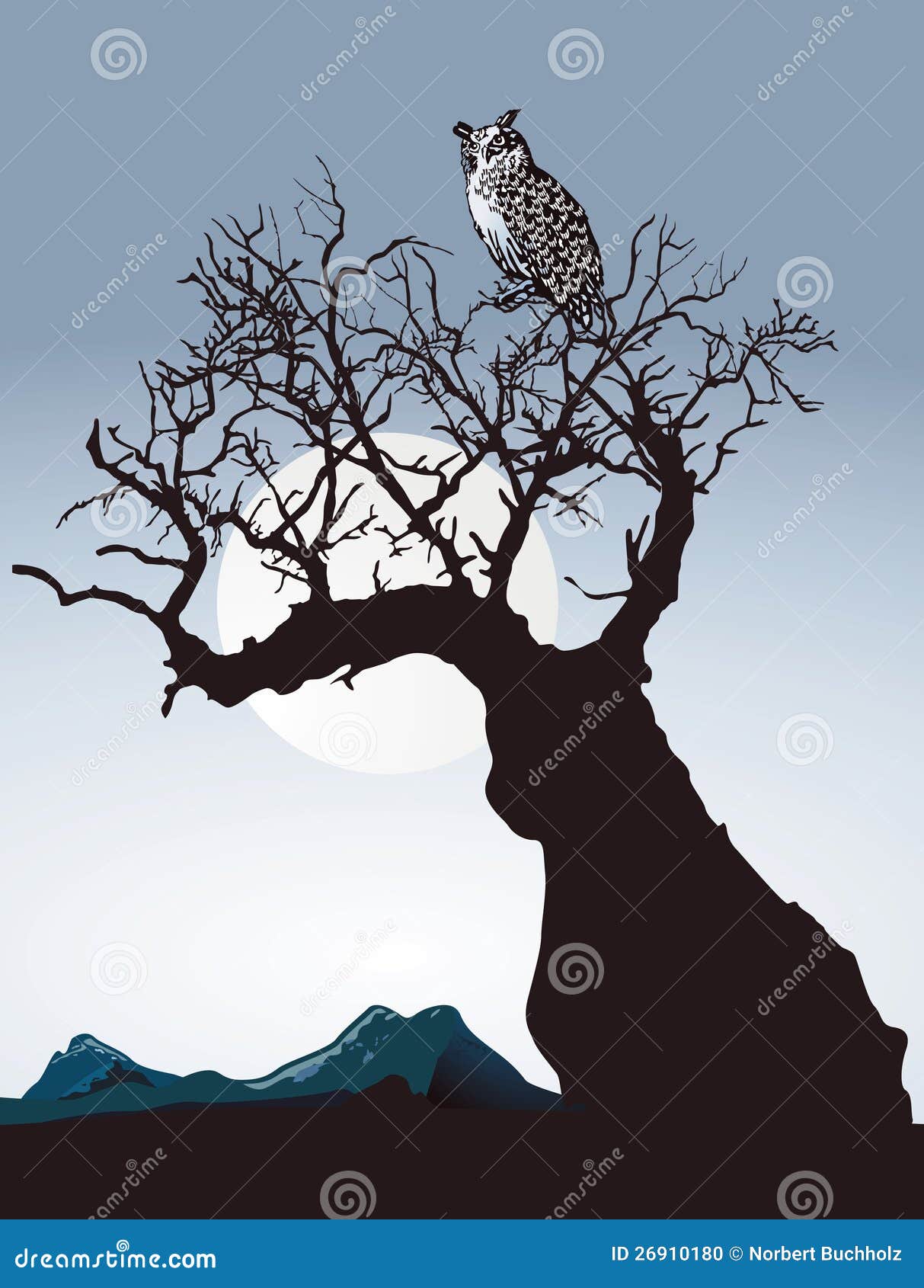 Uil op oude boom vector illustratie. Illustration of bergachtig - 26910180